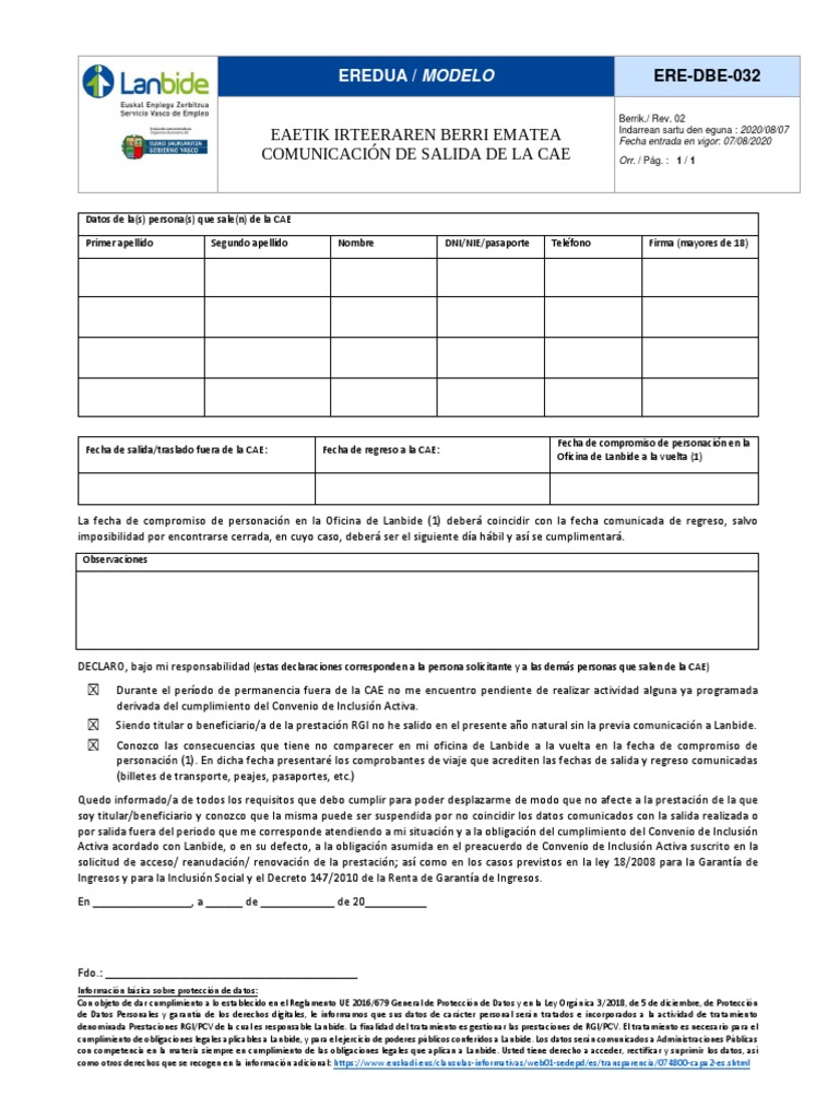 ERE DBE 032 Formulario Comunicacion Salida CAE Es | PDF | Privacidad de la información | Gobierno
