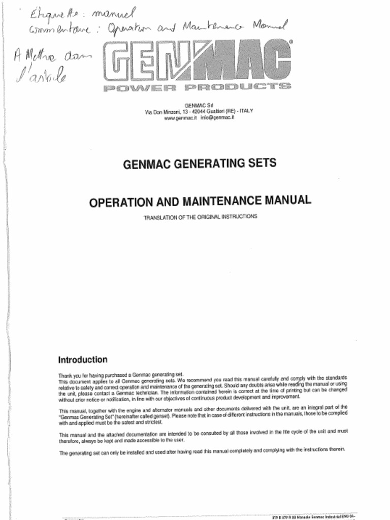 Operation and Maintenance Manual GENMAC | PDF