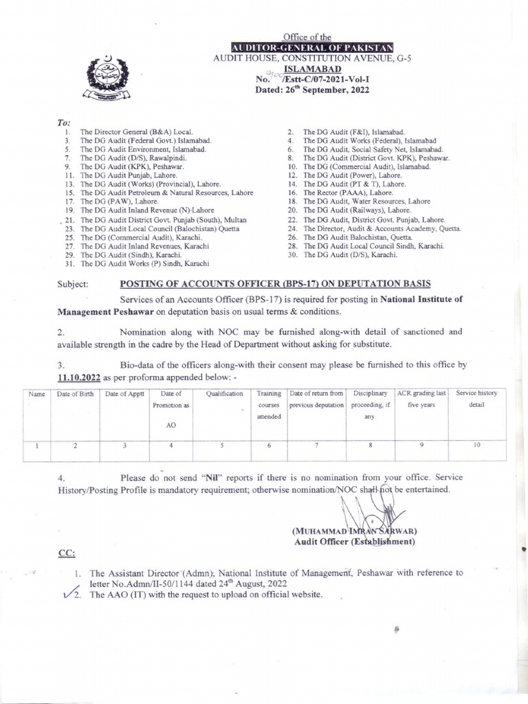 Posting of Accounts Officer On Deputation | PDF