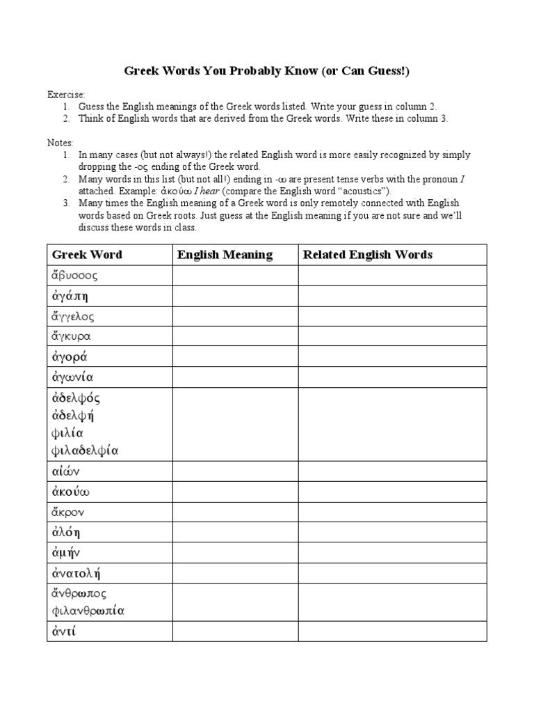 Greek Words and Their English Meanings | PDF