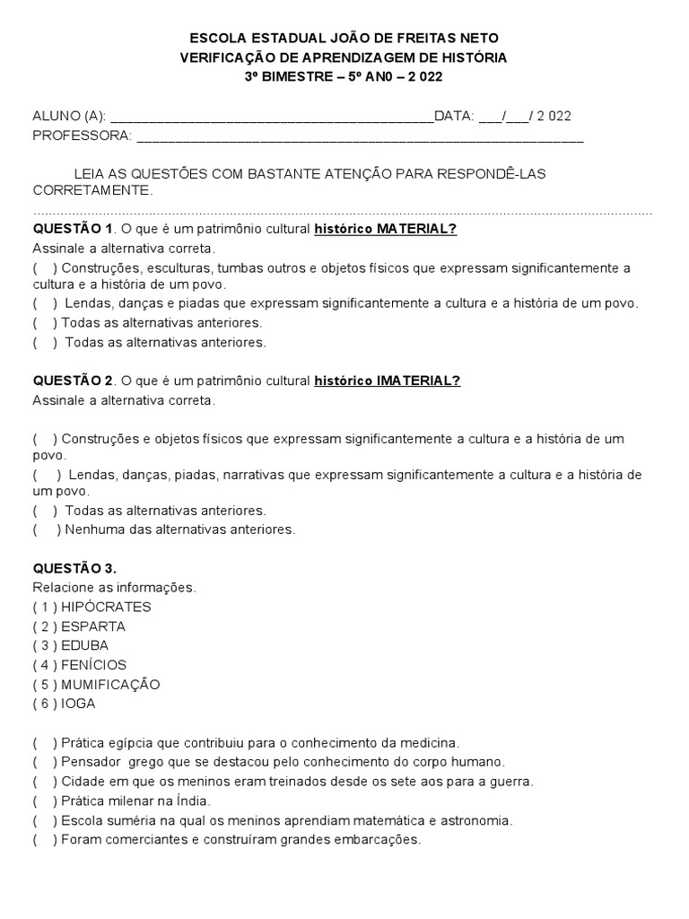 Prova de Historia - 3 Bimestre - 2 022 | PDF | Science