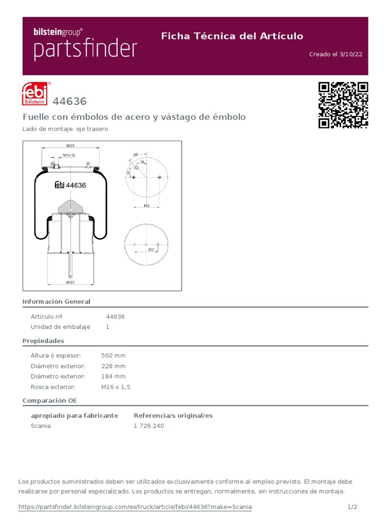 Diagrama y Ficha Tecnica Fuelle Neumatico Febi 44636 | PDF