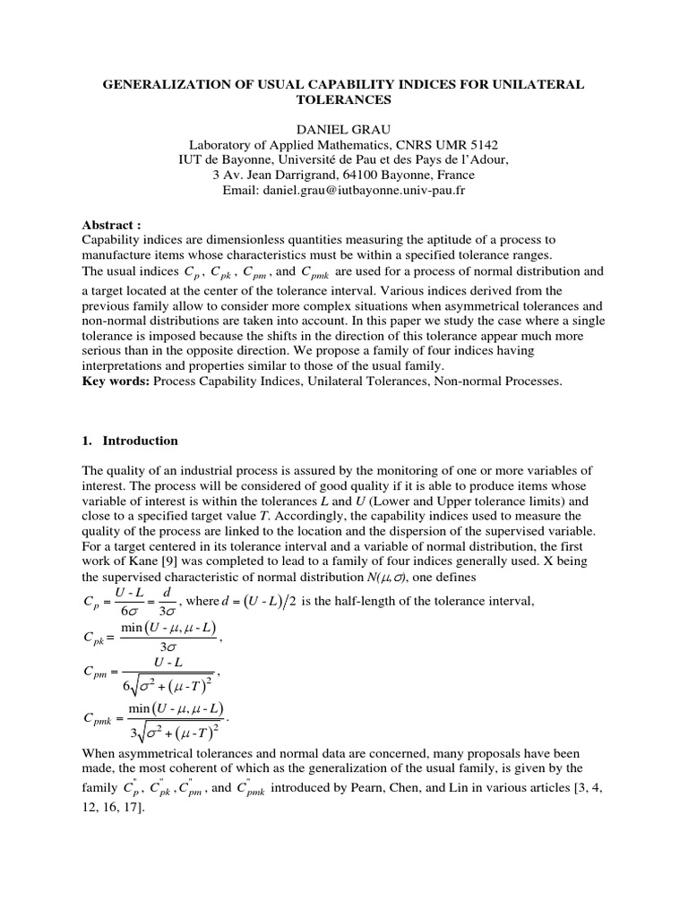 Capability Indices For Unilateral Tolerances | PDF | Normal Distribution | Engineering Tolerance