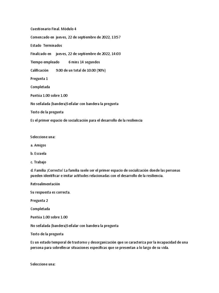 Cuestionario Final 4 Modulo 4 | PDF | Resiliencia psicológica | Conceptos psicologicos