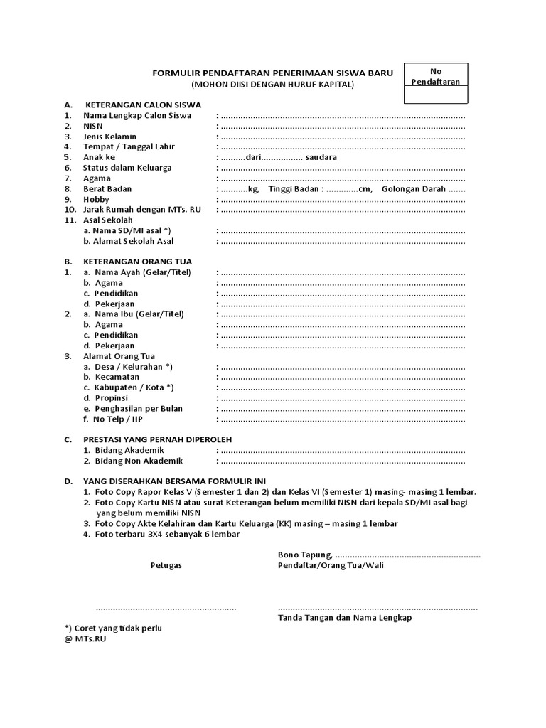 Formulir Pendaftaran Penerimaan Siswa Baru | PDF