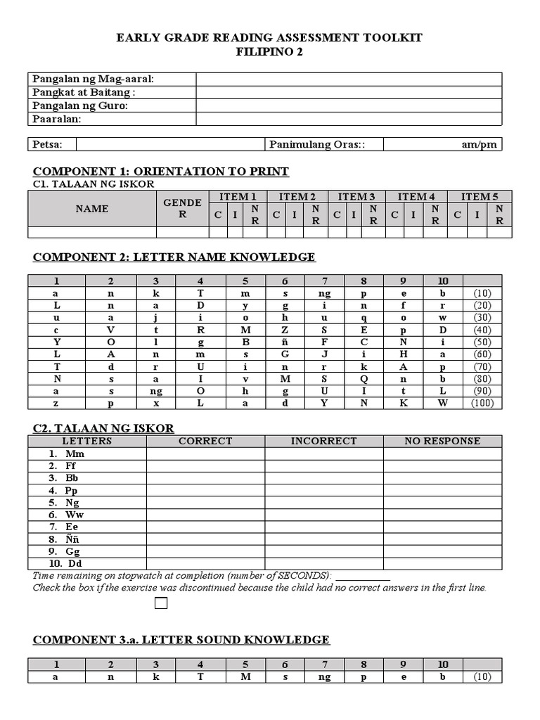 Scoring Sheet GR2 Eng Egra Toolkit Teachers Copy 1 | PDF