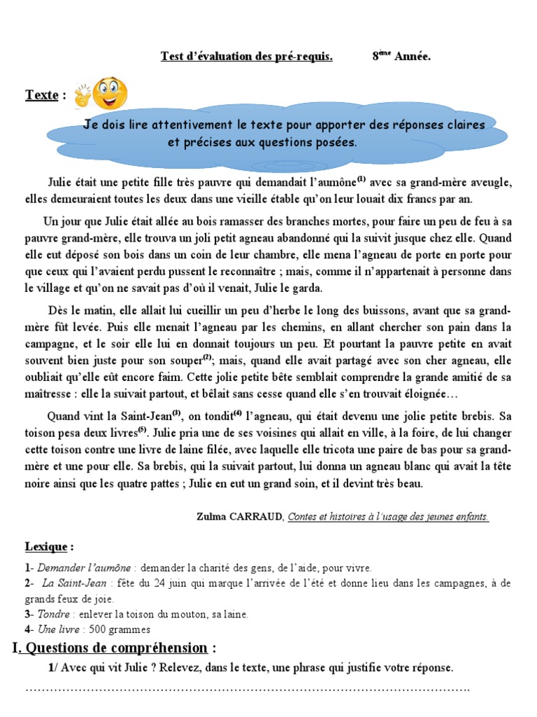 Test d'évaluation prérequis 8ème année | PDF | Mouton | Grammaire