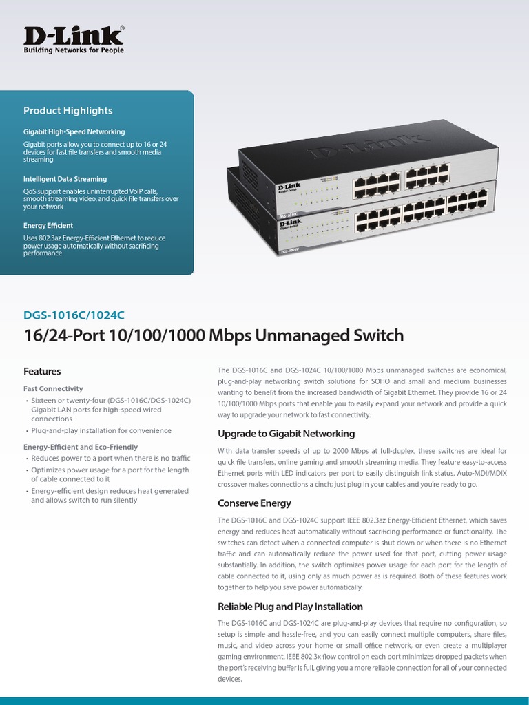 DGS-1016C 1024C REVB DATASHEET v2.00 US | PDF | Network Switch | Ethernet