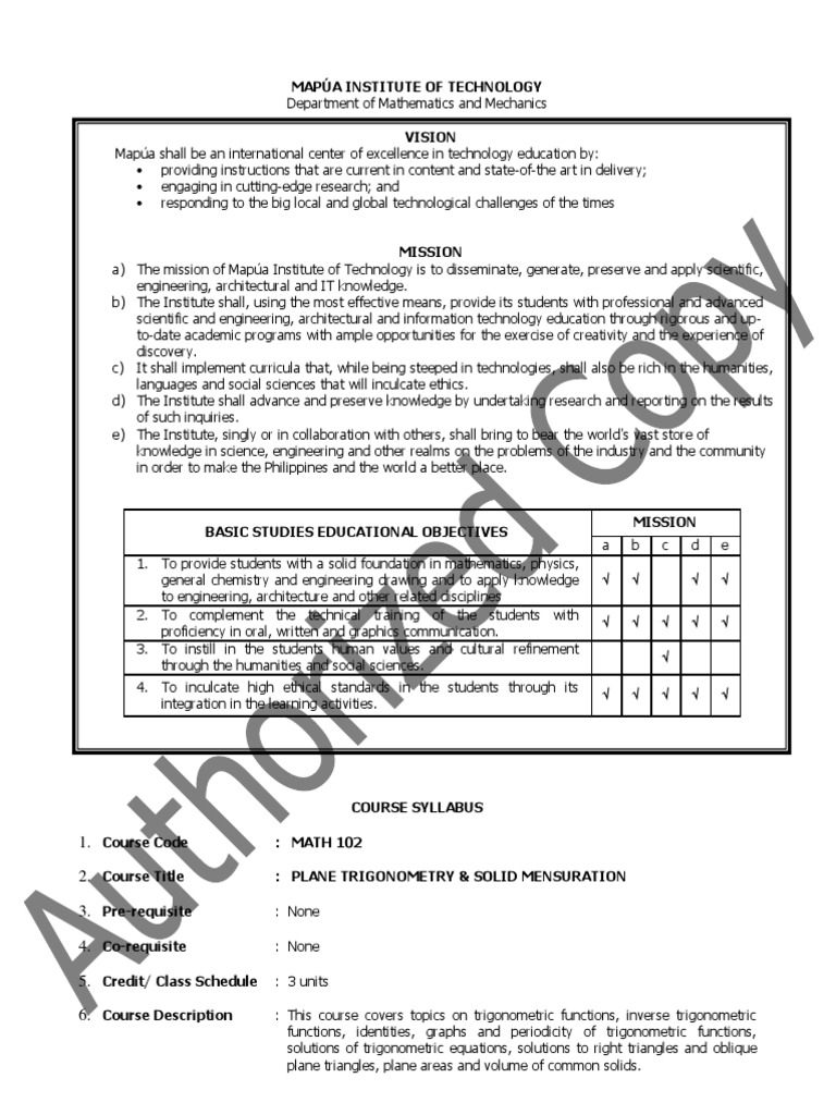 Plane Trigonometry Course Syllabus | PDF | Trigonometric Functions ...