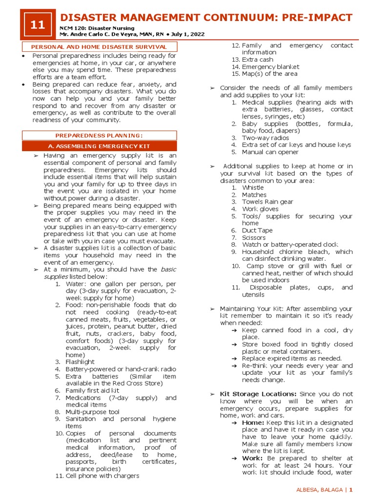 NCM 120 11.3 - 4 Disaster Management Continuum (C - D) Albesa Balaga | PDF