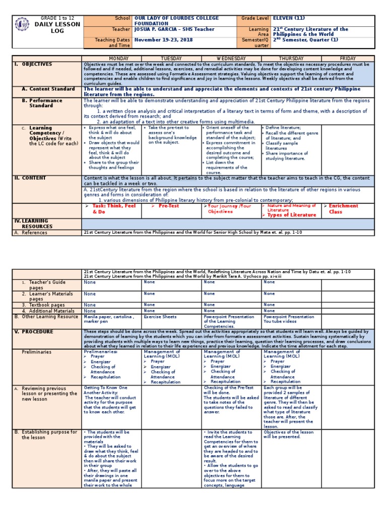 DAILY LESSON LOG 21st Century Lit Whole Sem HCSedentario | PDF ...