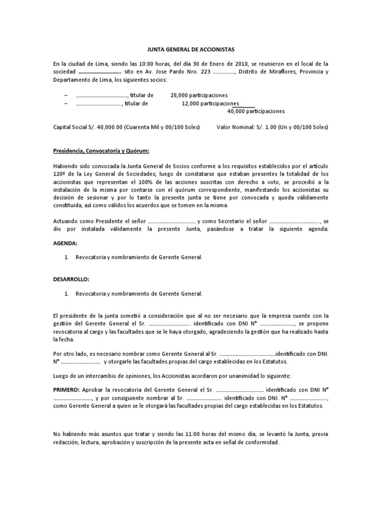 Acta de Revocatoria y Nombramiento de Gerente General | PDF | Gobierno
