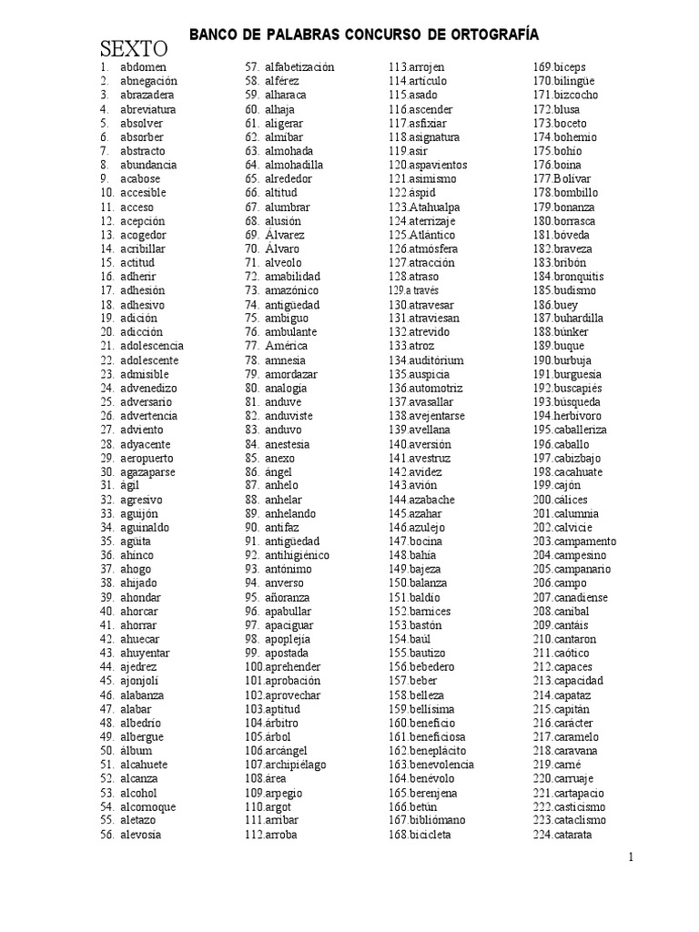 Banco de Palabras Concurso de Ortografia Me 1500 Dictados | PDF