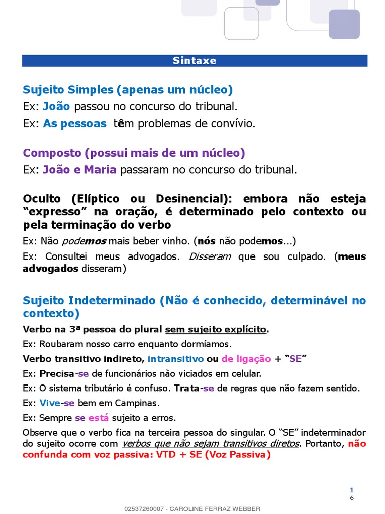 Resumo Sintaxe | PDF | Assunto (gramática) | Pronome