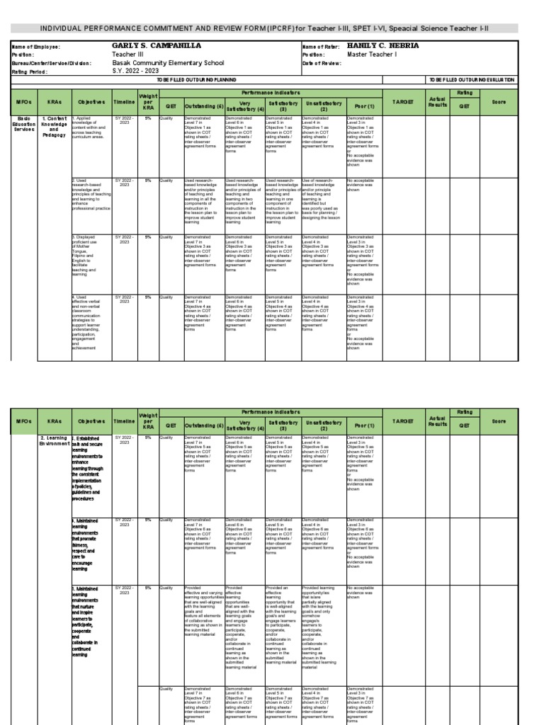 Individual Performance Commitment and Review Form for Teacher Garly S ...