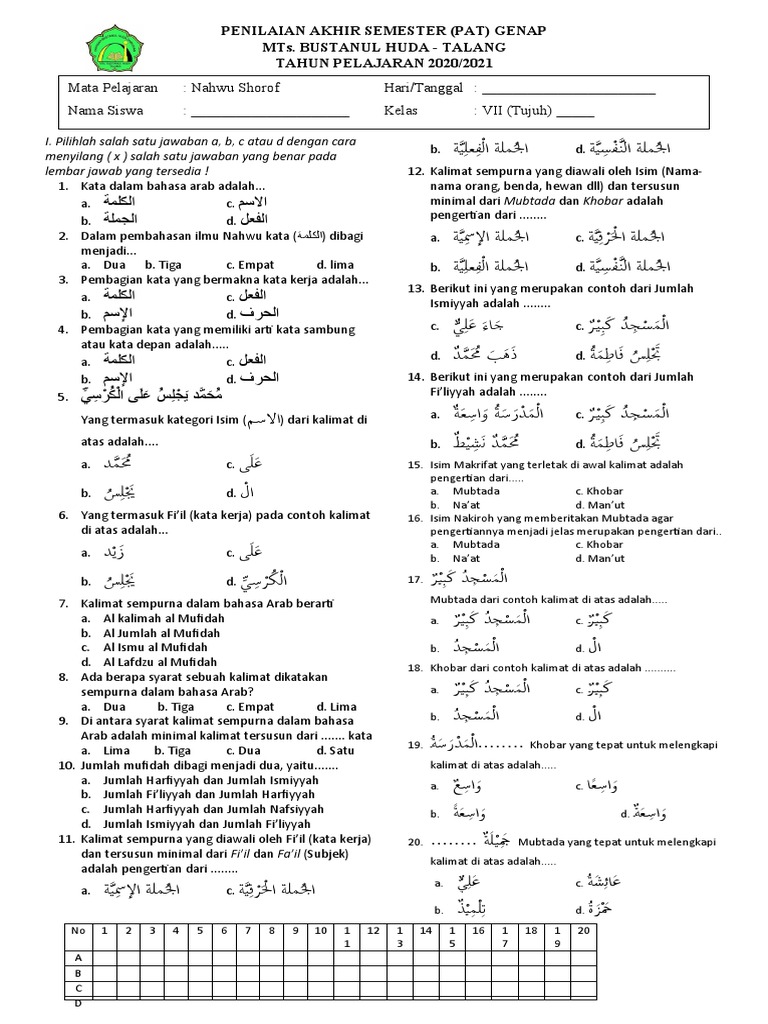 Soal Pat Genap Nahwu Shorof 7 2021 | PDF