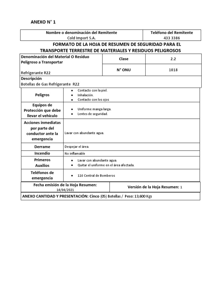 Resumen de Seguridad para R22 Transporte | PDF | Derecho | Ciencia y matemáticas