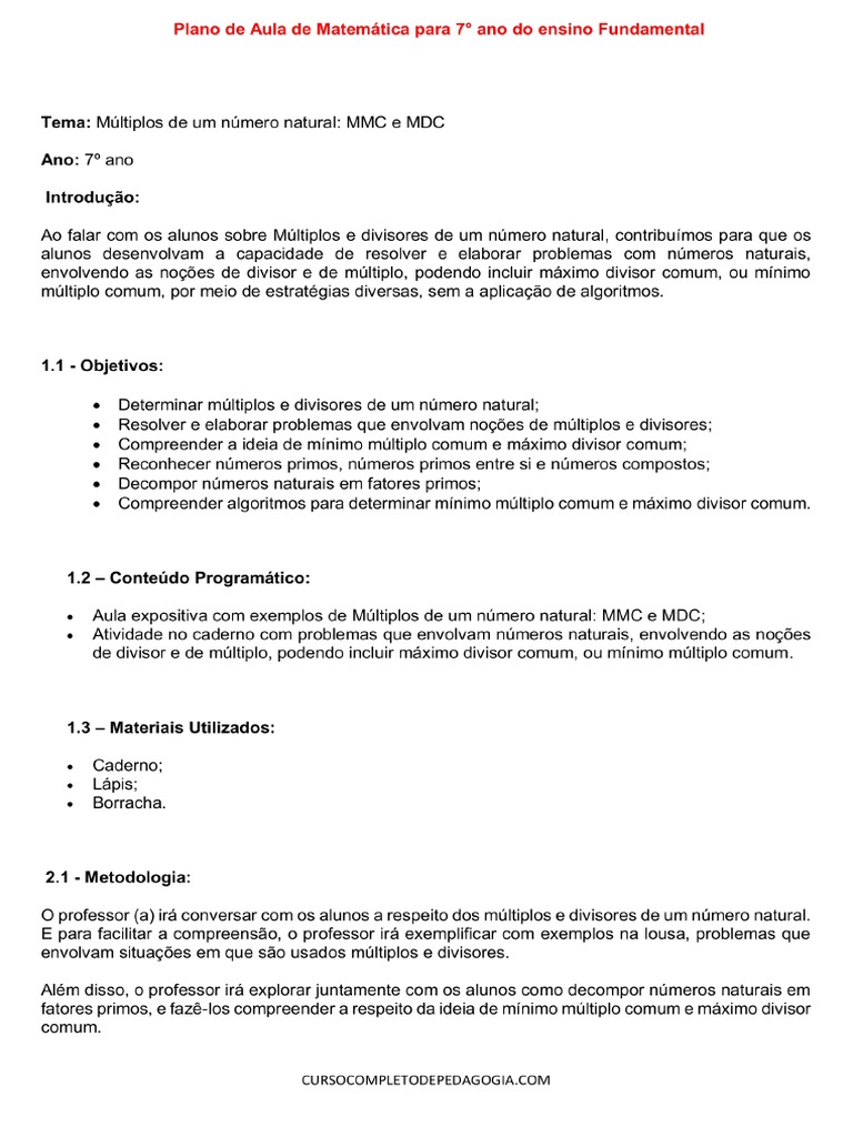 Plano-de-Aula-de-Matematica-para-7°-ano-do-ensino-Fundamental | PDF