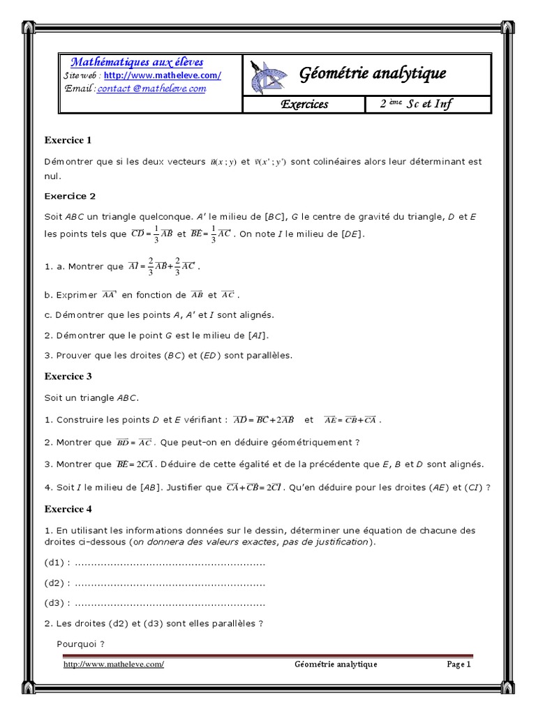 Geometrie Analytique 11 Exercices Corr | PDF | Droite (mathématiques) | Coordonnées cartésiennes