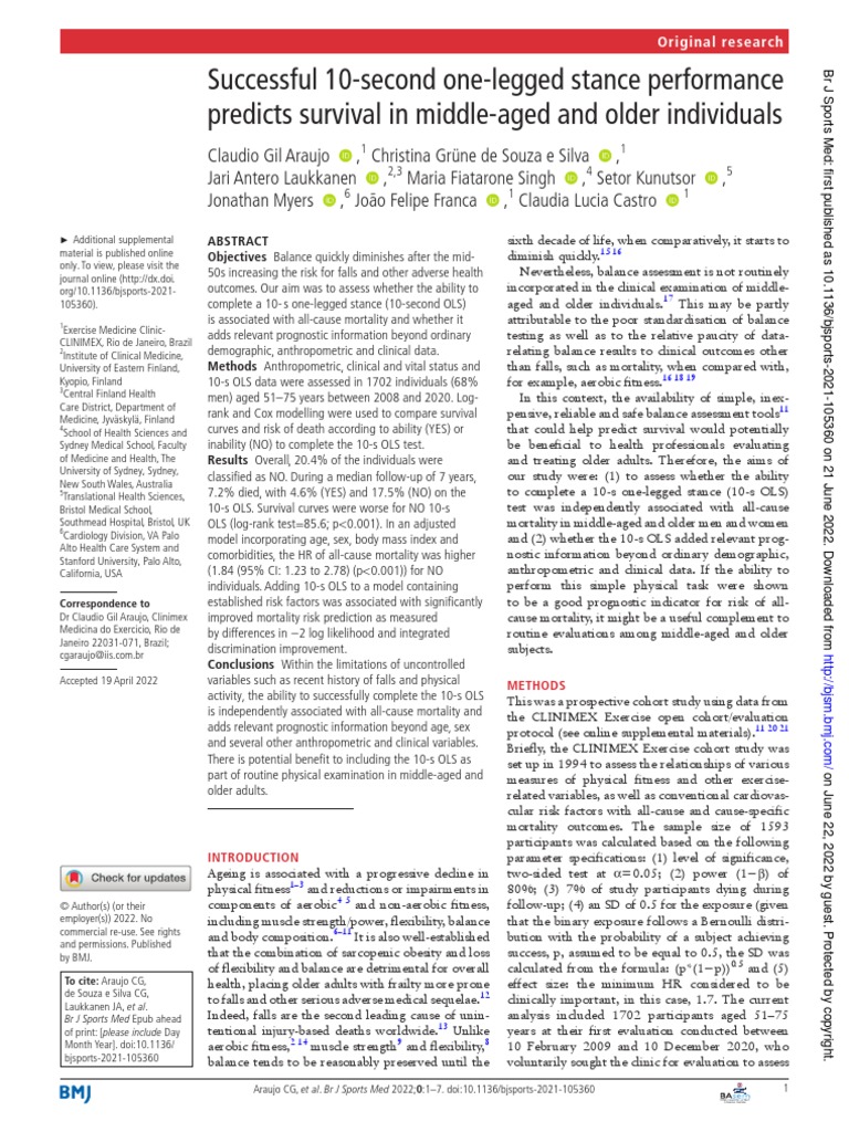 Successful 10-Second One-Legged Stance Performance Predicts Survival in ...