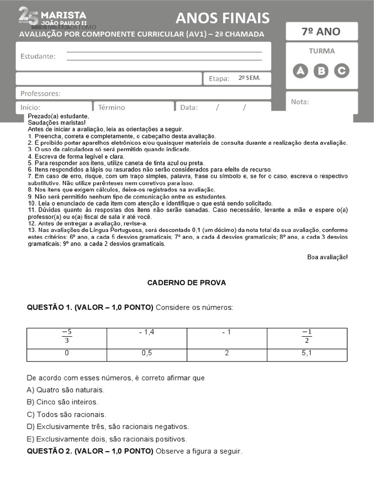 AV1 - 2Â Chamada - 2Âº Semestre - MatemÃ¡Tica - 7Âº Ano - Caderno de Prova | PDF | Polígono ...