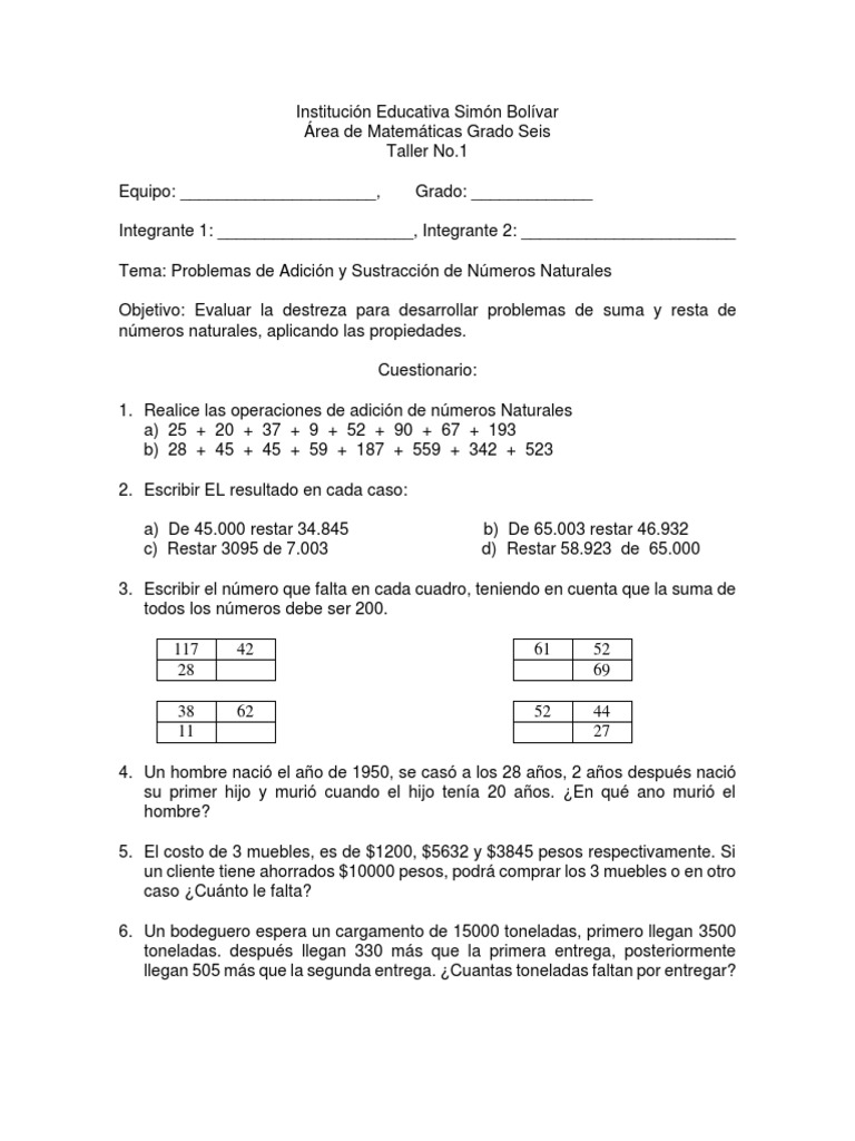 02 Taller Suma y Resta de Números Naturales | PDF