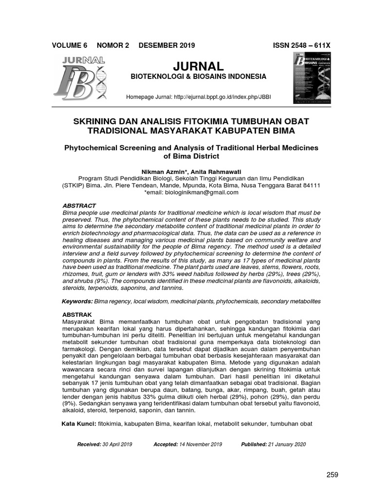 Jurnal: Skrining Dan Analisis Fitokimia Tumbuhan Obat Tradisional Masyarakat Kabupaten Bima | PDF