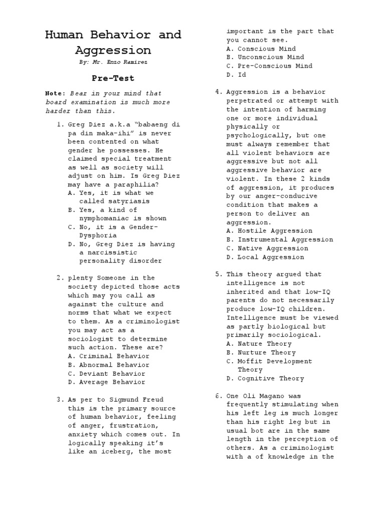 Pre-Test (Human Behavior and Aggression) | PDF | Mental Disorder | Id