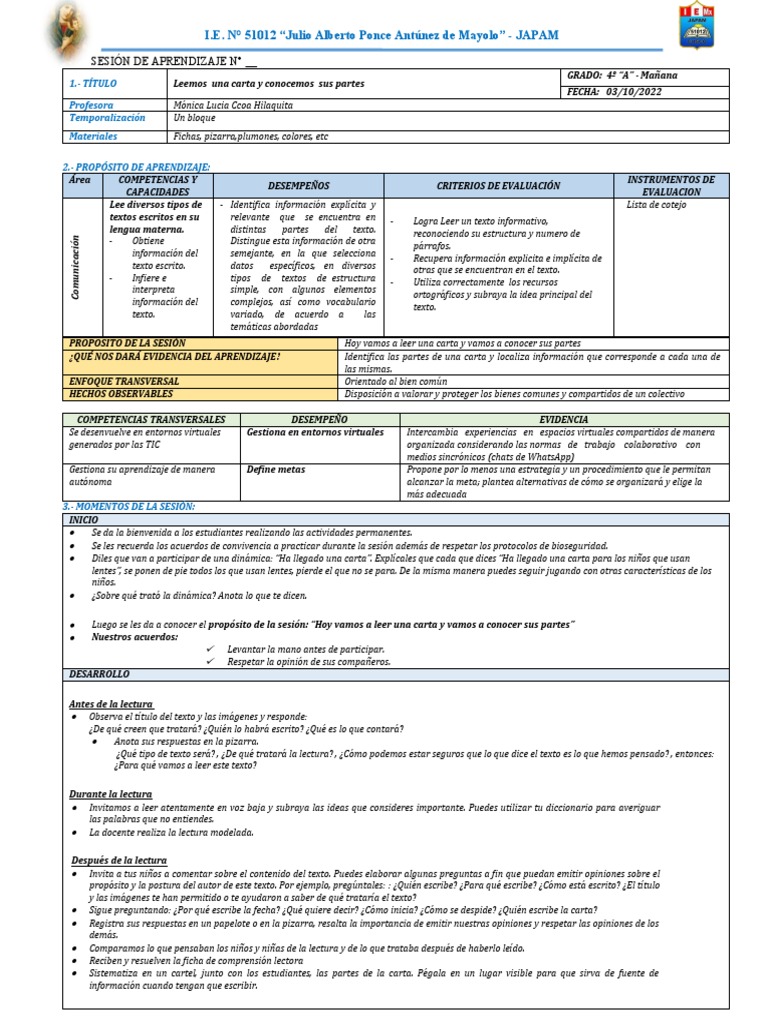 Sesion - Com - Leemos Una Carta y Conocemos Sus Partes | PDF ...
