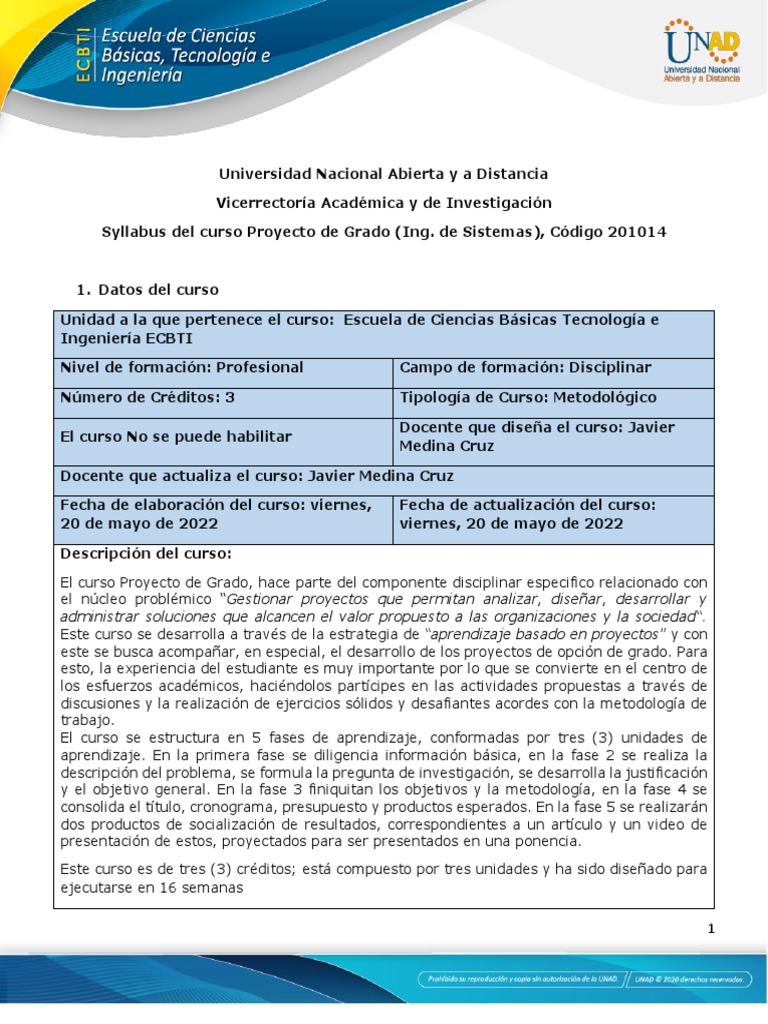 Syllabus Del Curso Proyecto De Grado Ing Sistemas Pdf