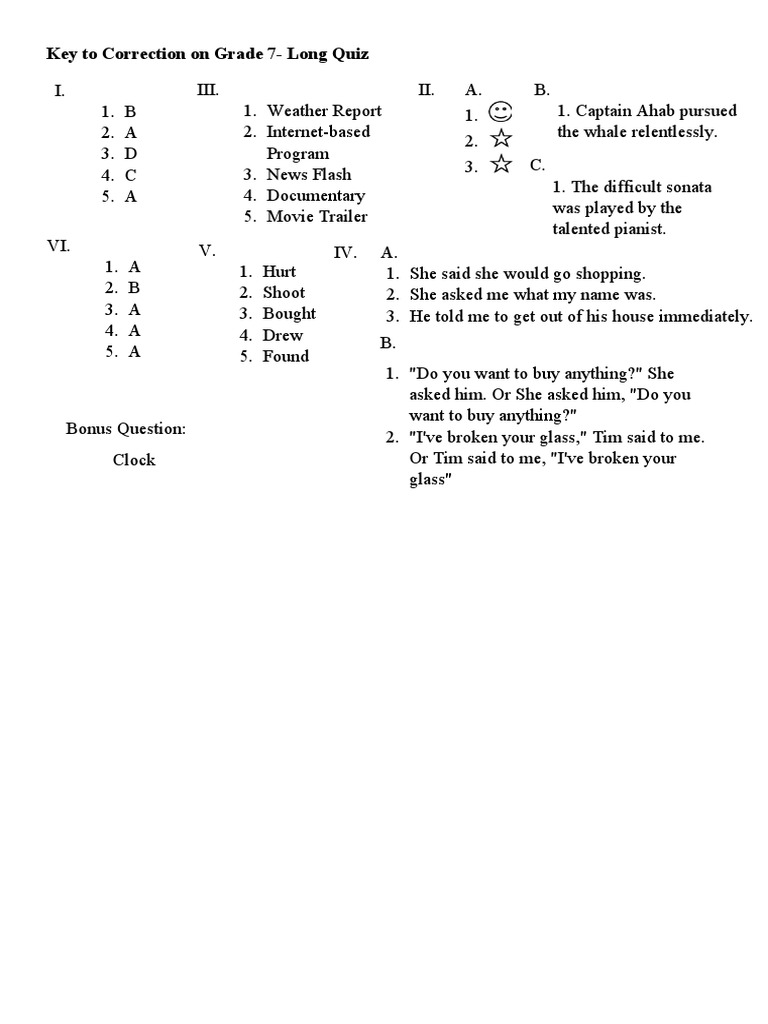 Key To Correction On Grade 7 | PDF