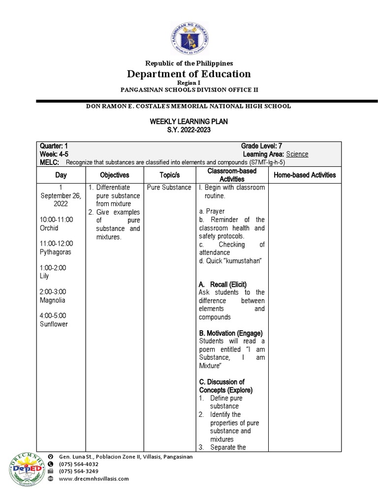 Weekly Learning Plan Science 7 | PDF | Mixture | Chemical Substances