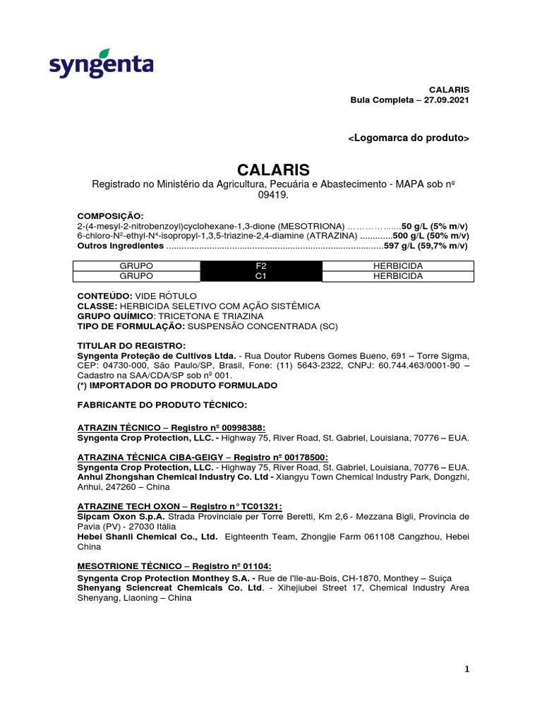 Detalhada bula de instruções para o herbicida Calaris | PDF | Embalagem ...