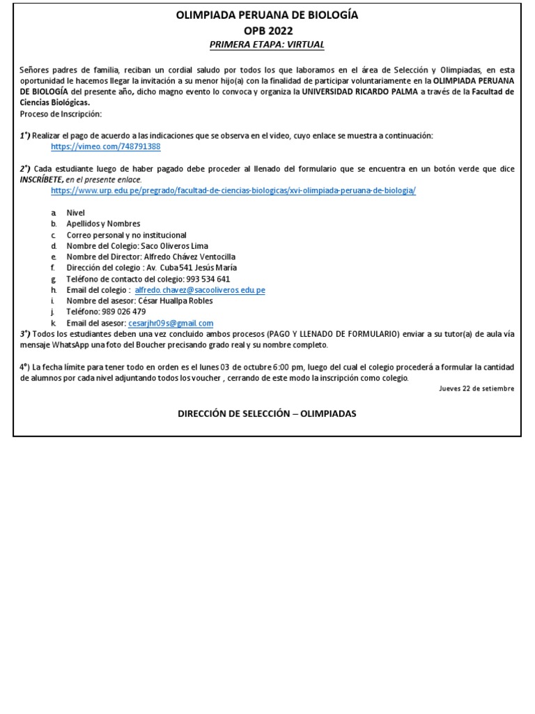 Comunicado de Invitación - Opb 2022 | PDF