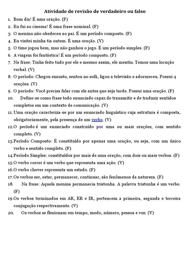 Atividade de Revisão de Verdadeiro Ou Falso | PDF