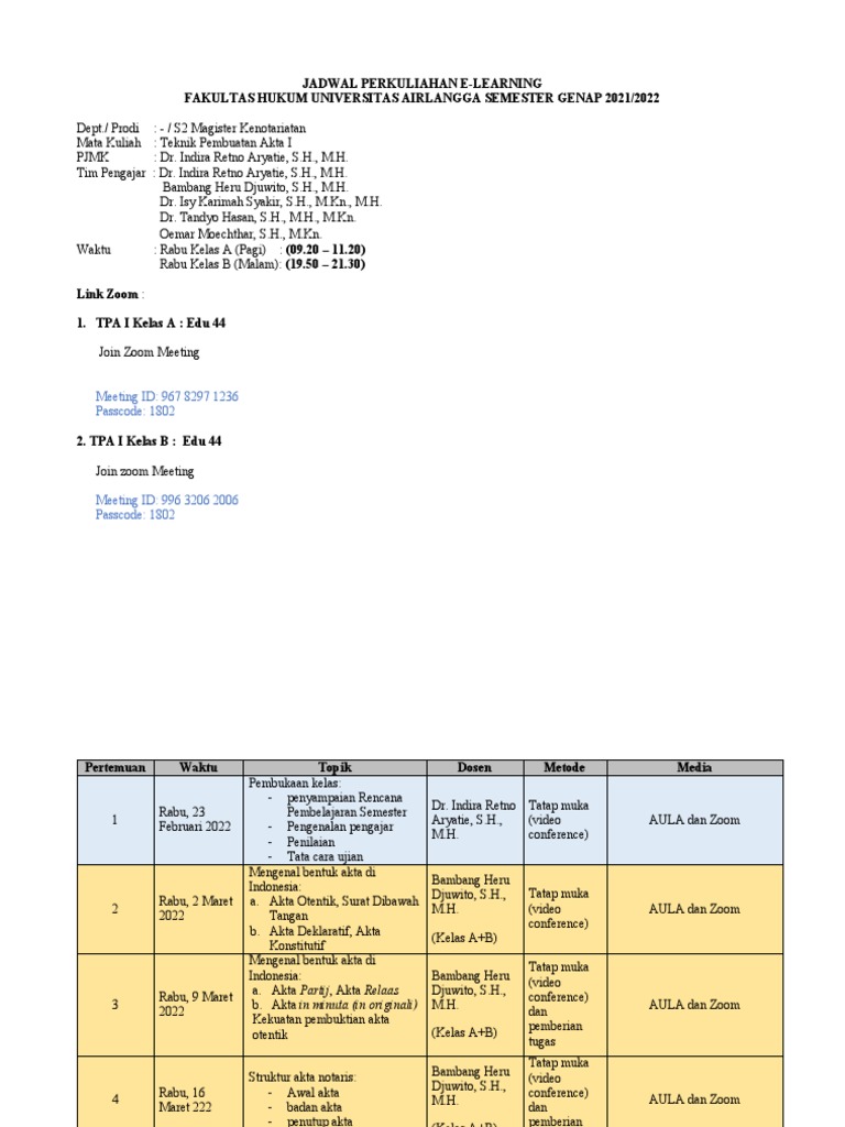 Jadwal TPA I Semester Genap 2022 | PDF