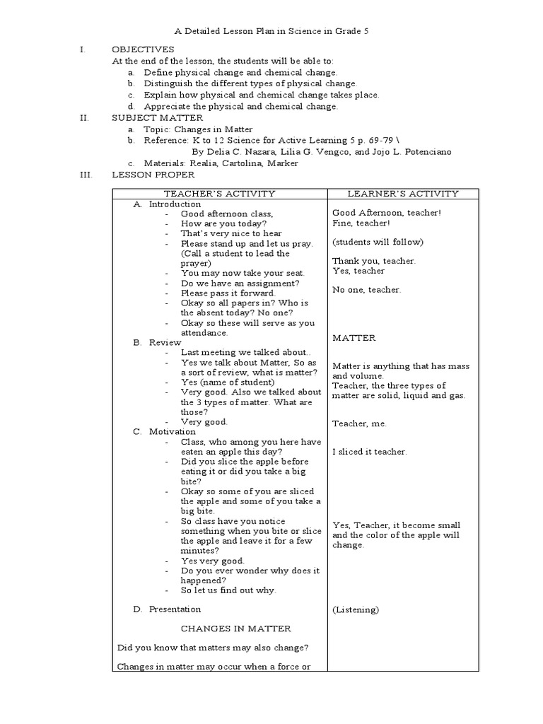 Science 5 Lesson Plan | PDF | Matter | Solid
