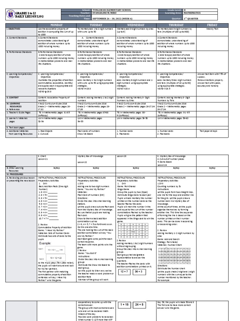 DLL - Mathematics 2 - Q1 - W6 | PDF | Flashcard | Curriculum