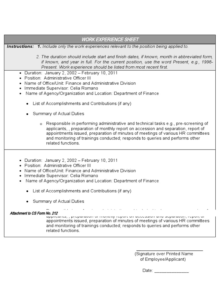 cs form no. 212 attachment - work experience sheet | PDF