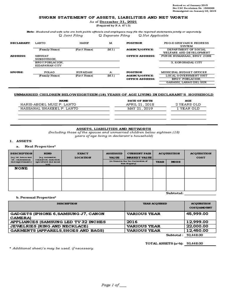 2015 SALN Form - Doc UPDATED | PDF | Net Worth | Economies