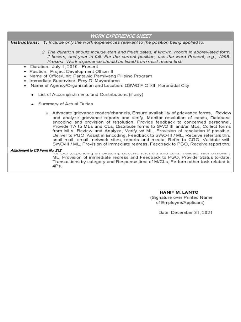 Work Experience Sheet | PDF | Computing | Communication