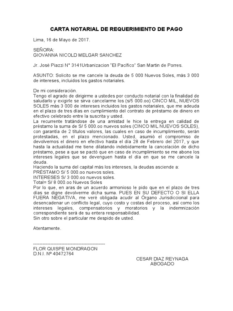 Carta Notarial de Requerimiento de Pago | PDF