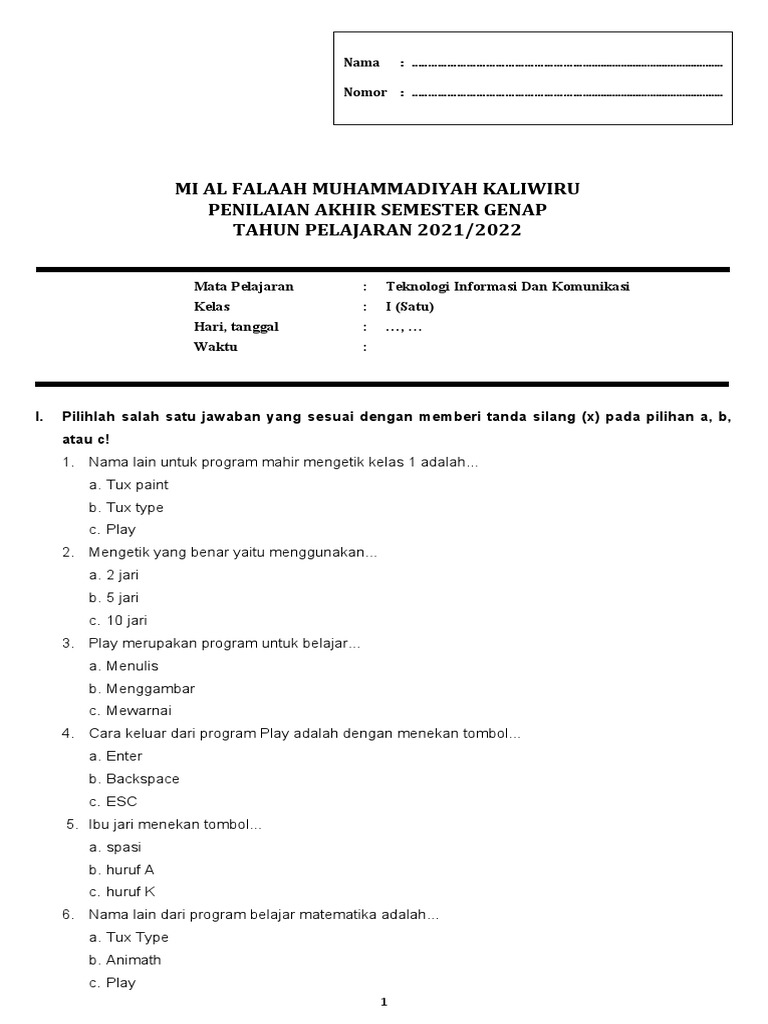 Soal Uas Kelas 1 | PDF