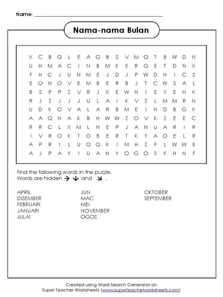 Super Teacher Worksheets Nama-Nama Bulan | PDF | Word Search | Puzzles