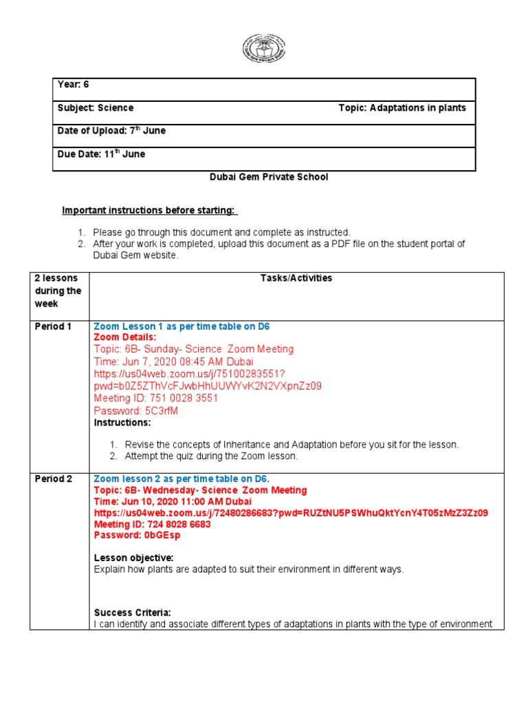 Science 6b Week12 Adaptation Of Plants Pdf Leaf Root 