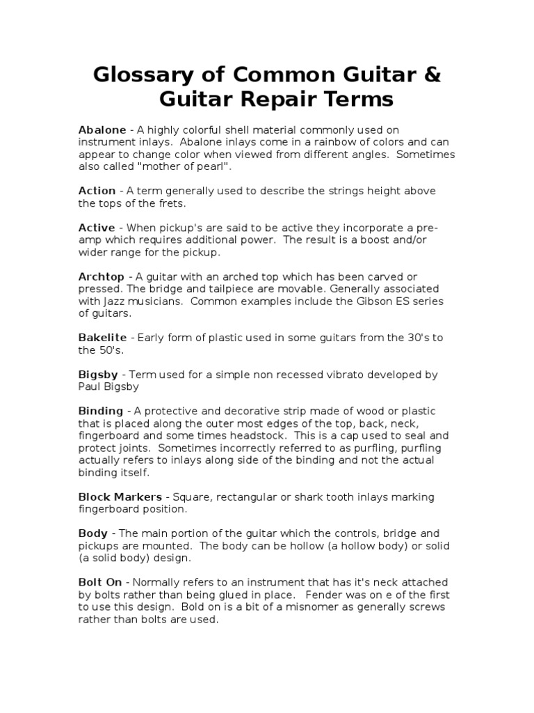 Glossary of Common Guitar & Guitar Repair Terms | PDF | Guitars ...