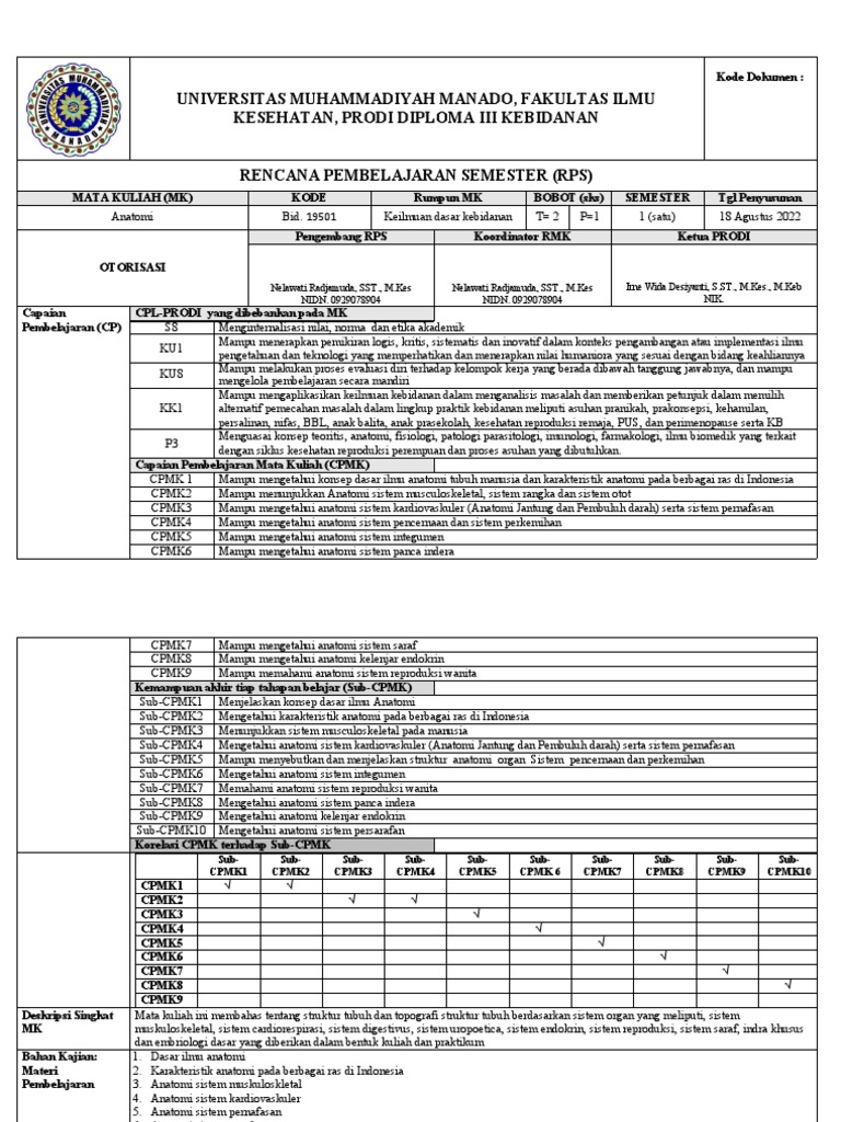 RPS Anatomi S1 Kebidanan-Nr Tim | PDF