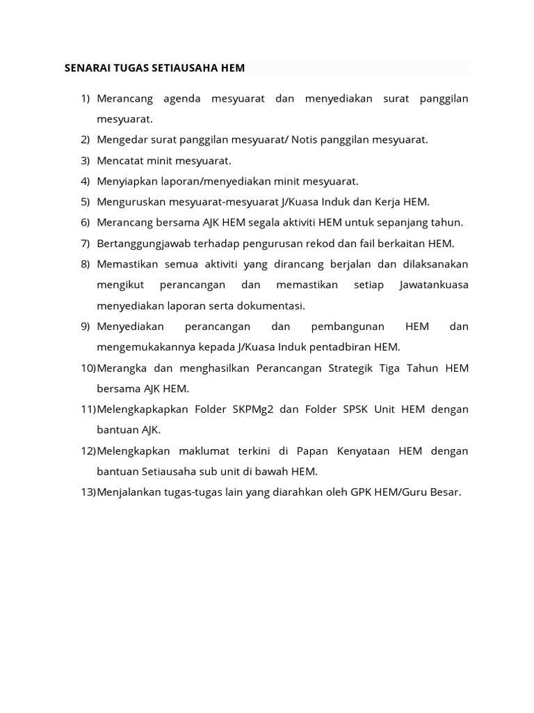 Senarai Tugas Setiausaha Hem | PDF