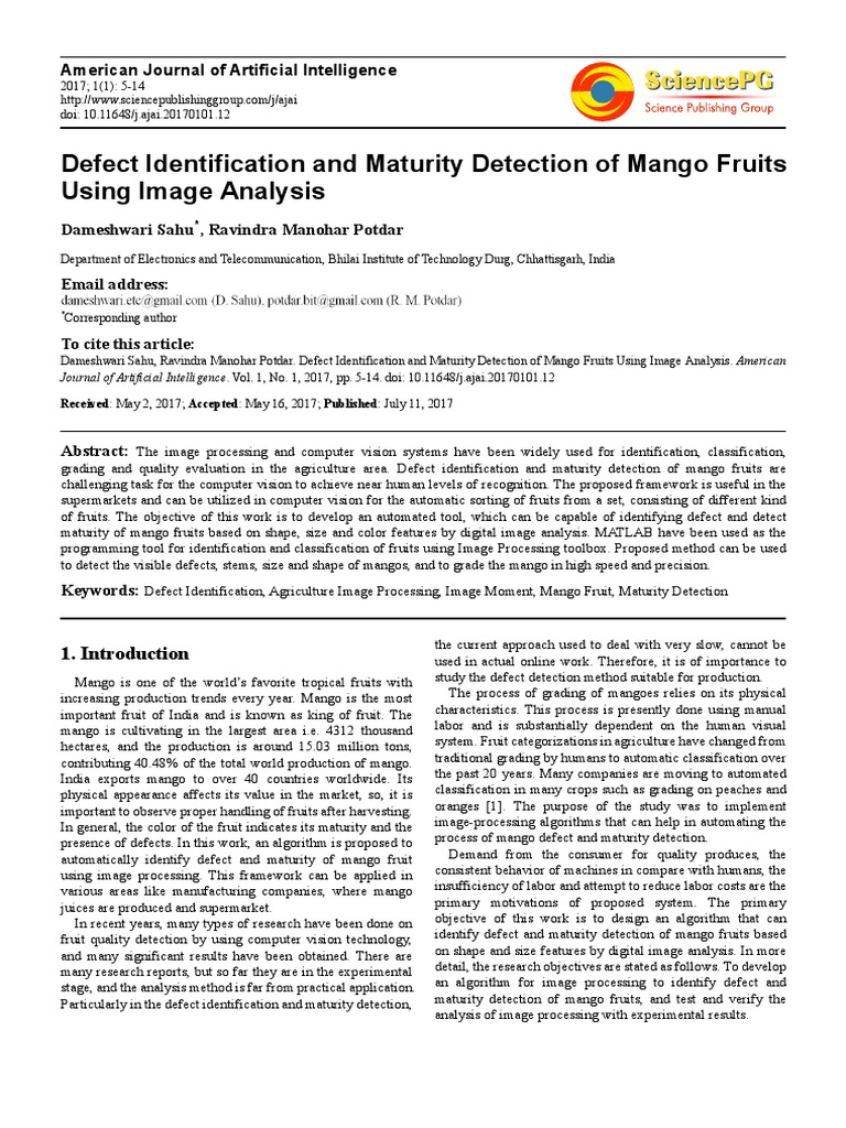 Defect Identification And Maturity Detection Of Mango Fruits Using