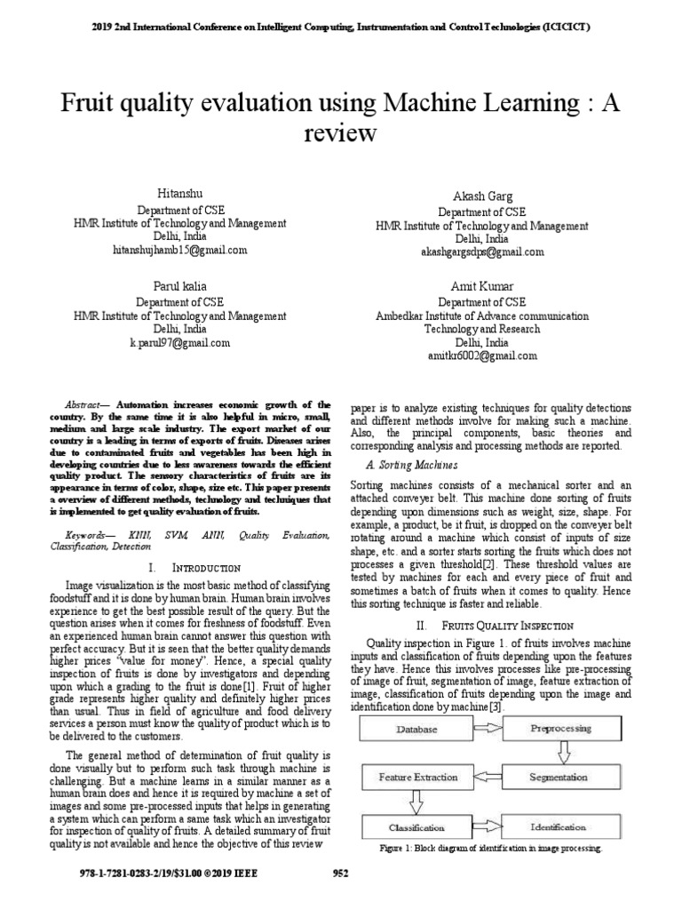 Fruit Quality Evaluation Using Machine Learning - A Review | PDF | Machine Learning | Cluster ...